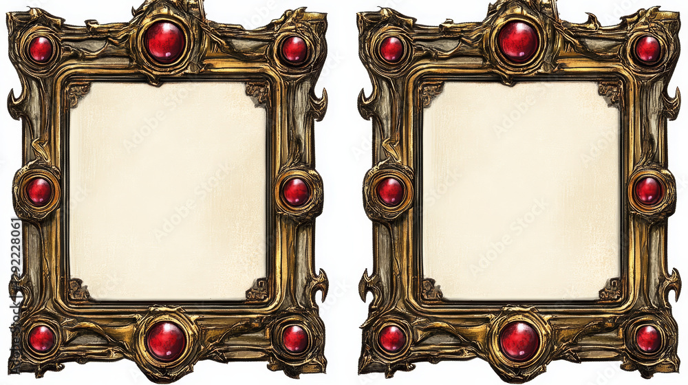 Vintage golden frames with red buttons for rpg game ui banners and ...
