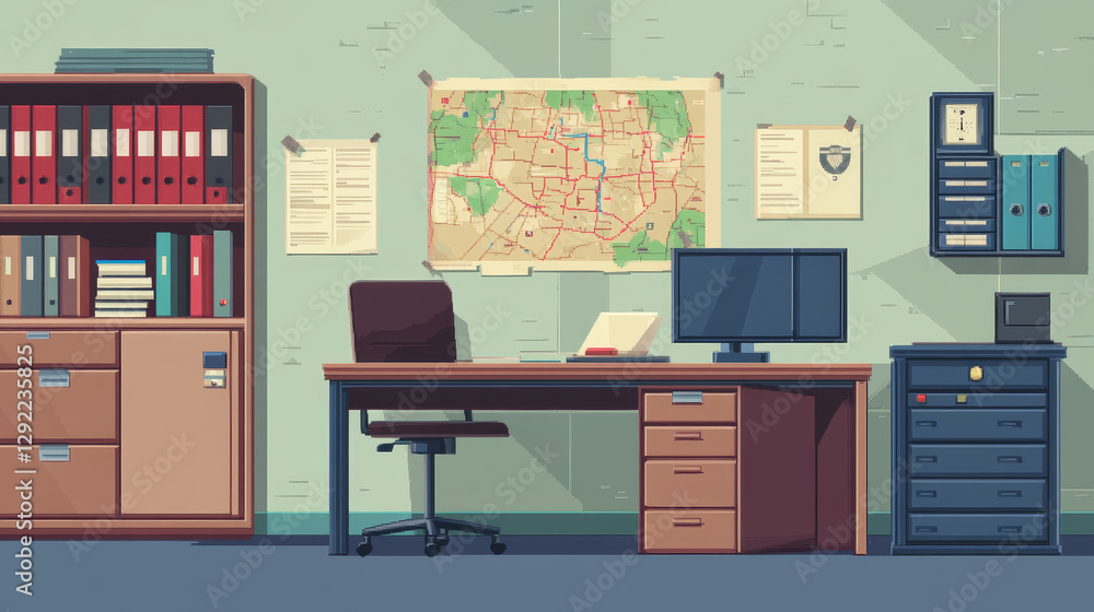 Detective room interior with furniture and equipment - desk with pc and ...