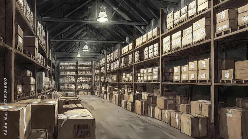 Warehouse interior with boxes on shelves. Vector cartoon illustration ...