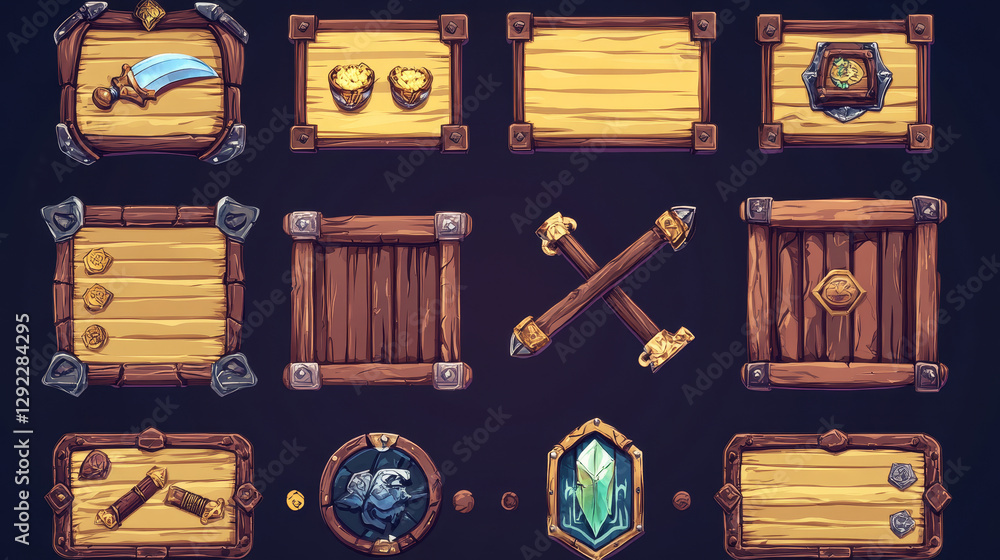 Wooden game level frame. Medieval wood avatar border, rating badges ...