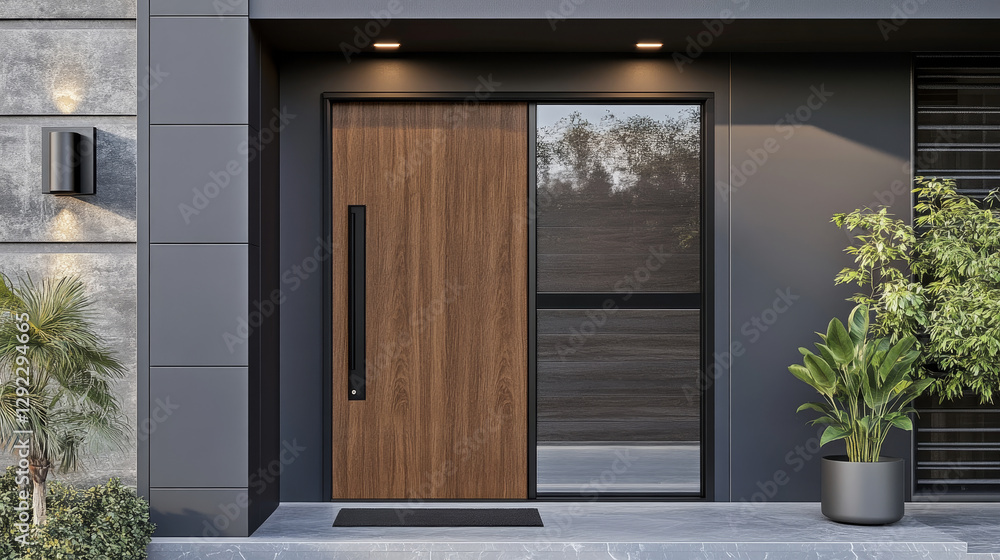 3d realistic wood front door inside modern house. Isolated office ...