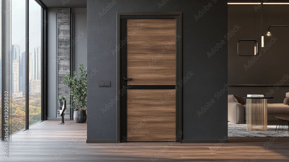 3d realistic wood front door inside modern house. Isolated office ...