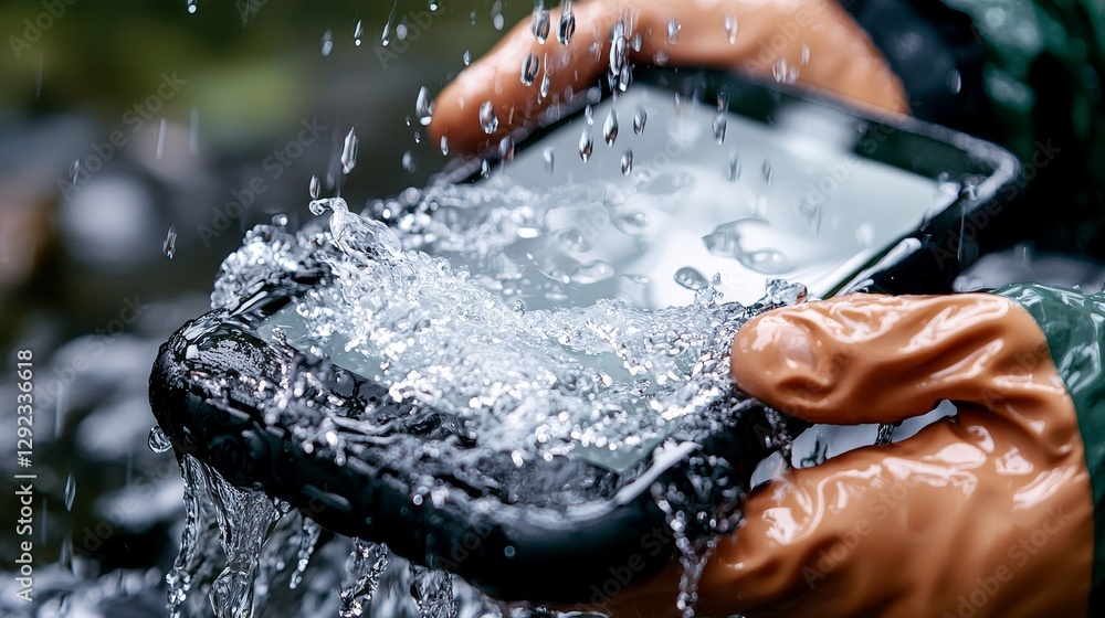 Rugged speaker in outdoor rain party, augmented reality panels showcase ...