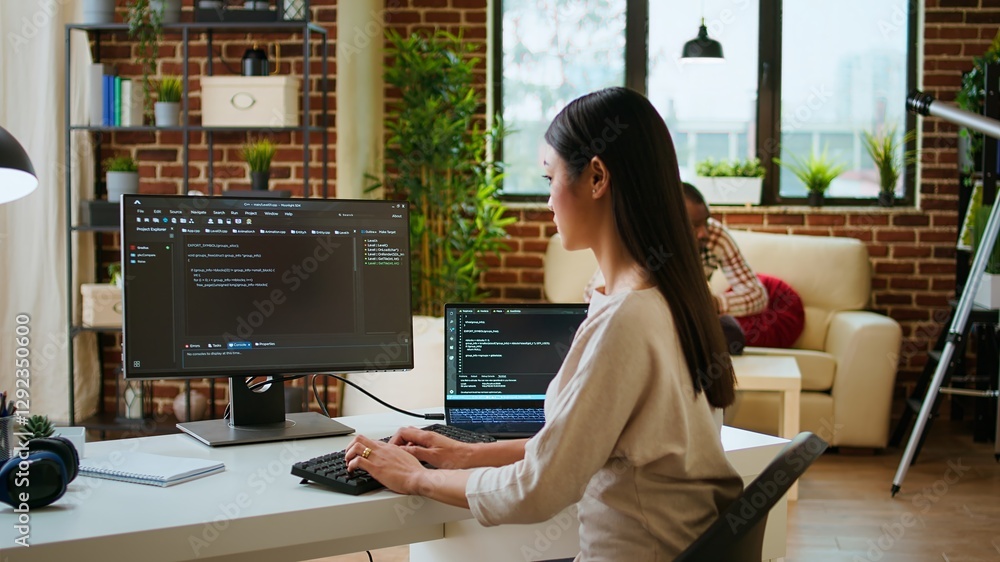 Asian programmer seen typing code for a user interface design on dual monitors, working in a ...