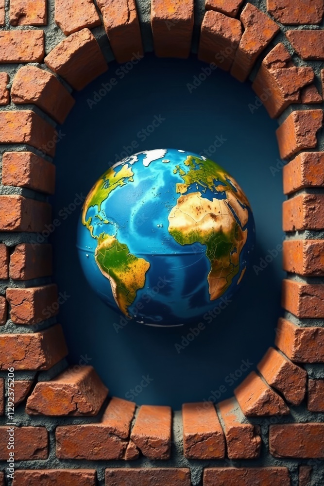 Cracked brick walls framing a spinning terrestrial globe , world ...
