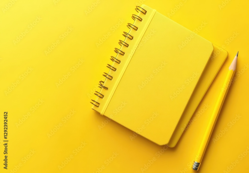A flat lay of yellow stationery items, including a notebook and pencil ...
