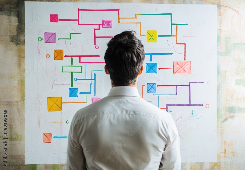 A man staring at a colorful flowchart drawn on a whiteboard, analyzing ...