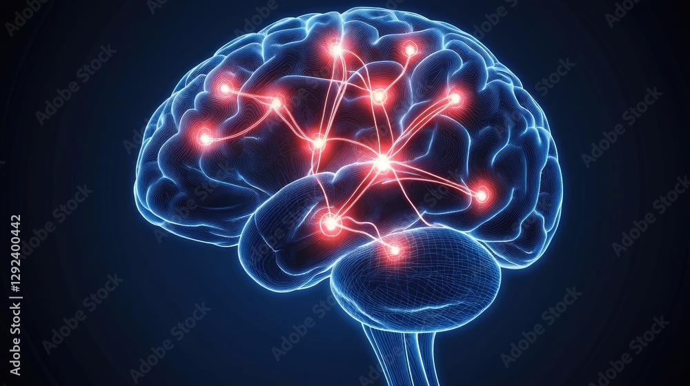 Neural circuits extending from a human brain into a glowing motherboard ...