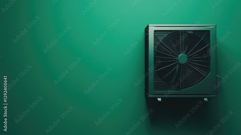 Outdoor condenser heat pump unit on a rich emerald green background ...