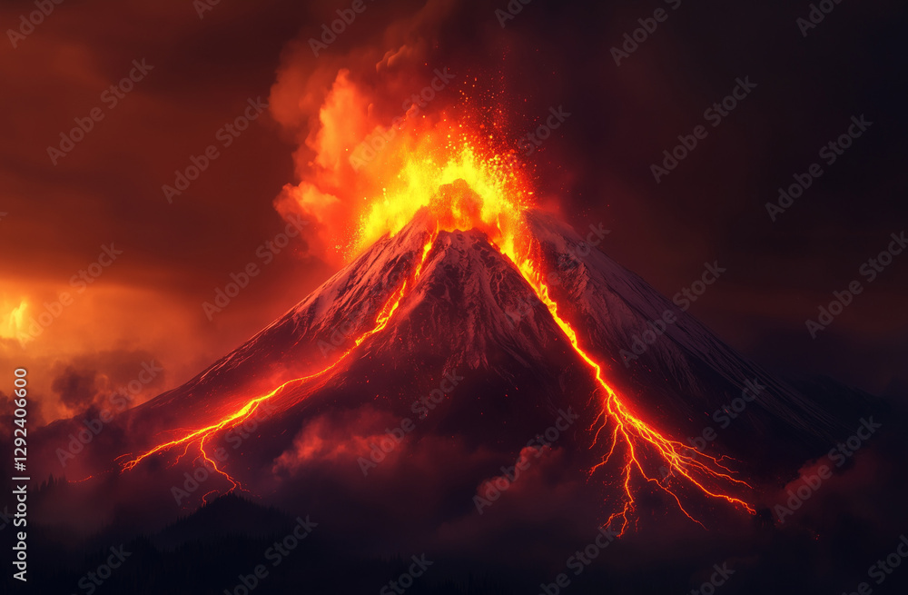 Spectacular Nighttime Volcano Eruption: Fiery Red Lava and Thick Smoke ...