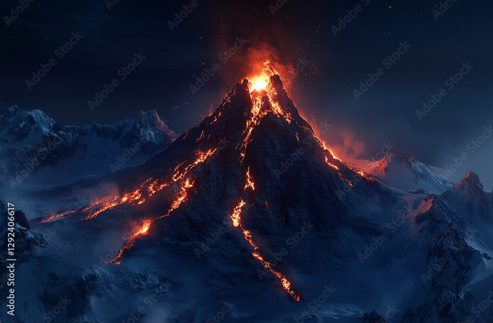Spectacular Nighttime Volcano Eruption: Fiery Red Lava and Thick Smoke ...