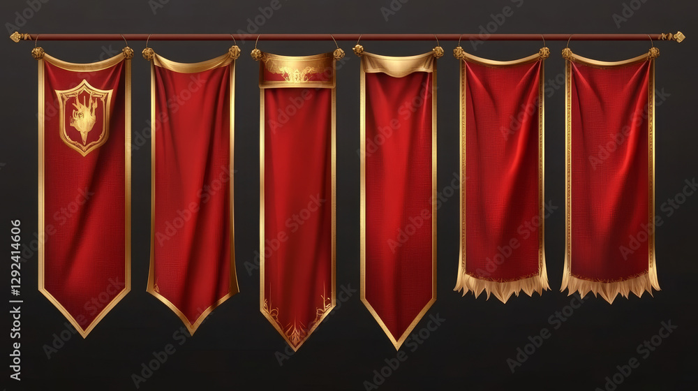 Medieval red flags, hanging royal banners with gold border. Blank cloth ...