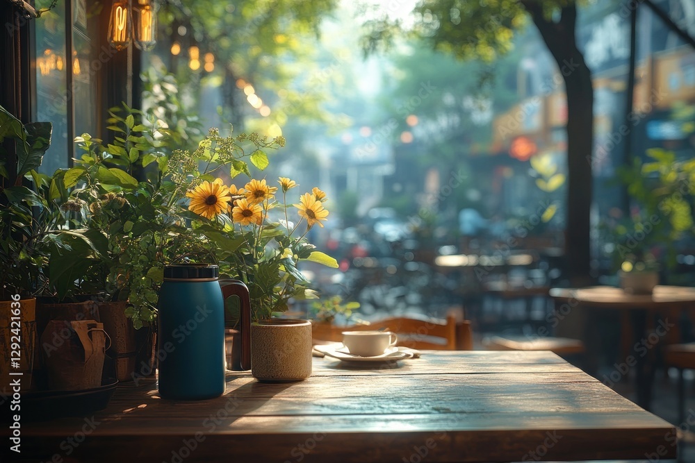 Sustainable city cafe scene man sipping reusable water bottle enjoying ...