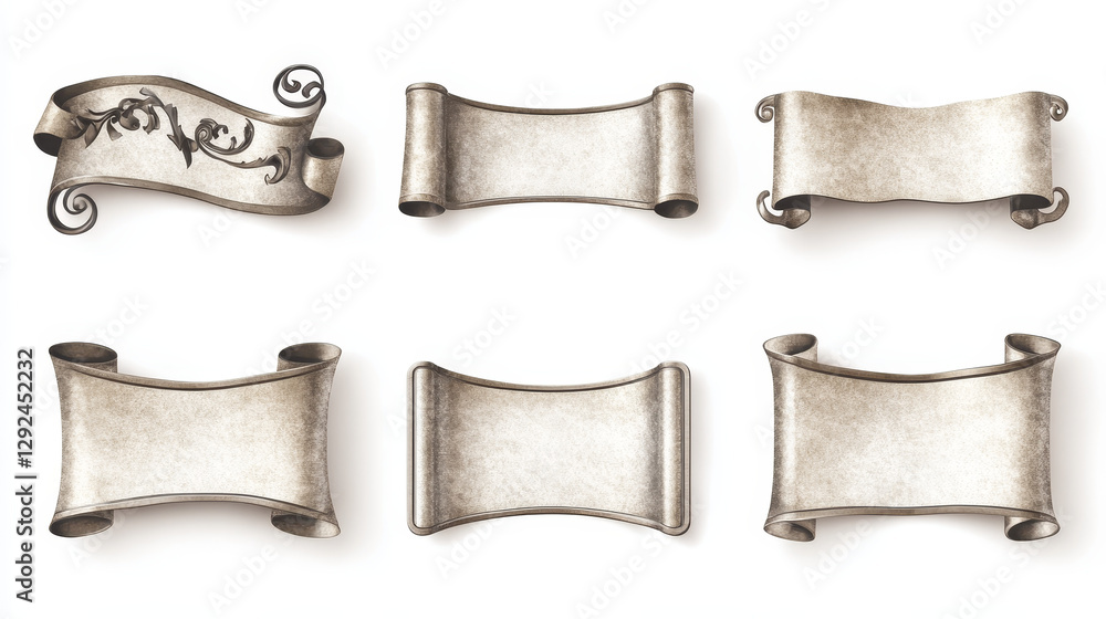 Silver scroll paper set, banner vector illustration isolated on transparent background. Royal ...