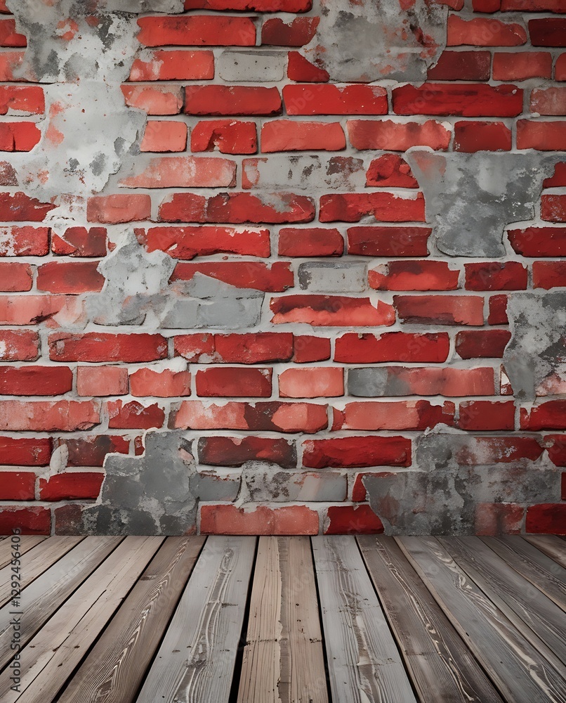 Rustic red brick wall with aged texture and weathered wooden floor ...