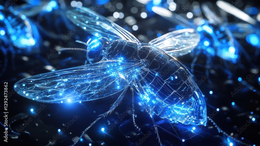 Futuristic art of bioluminescent insects gathering in a nighttime ...
