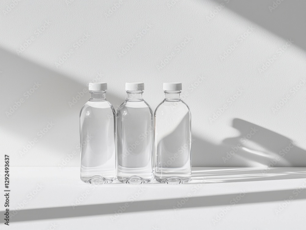 Three transparent water bottles arranged with soft shadows on a ...
