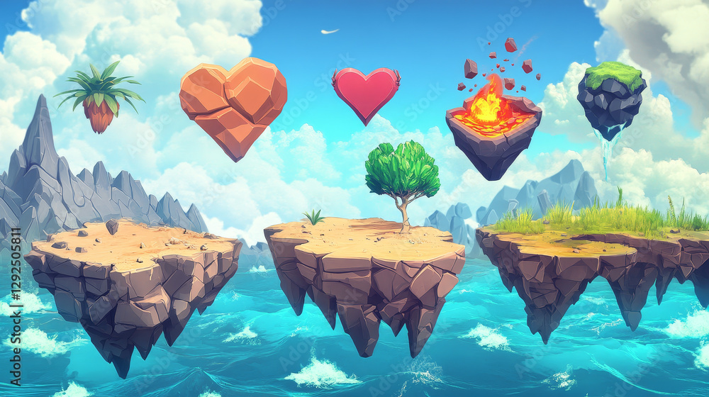 Game ui elements set with floating ground platform. Cartoon assets with ...