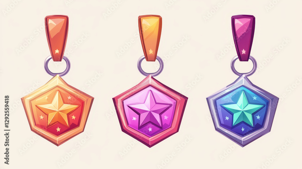 Set of military game rank badges isolated on background. Vector cartoon ...