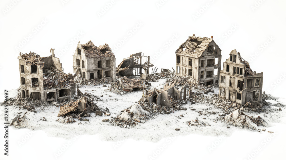 Destroyed city buildings after war or earthquake. Vector cartoon set of ...
