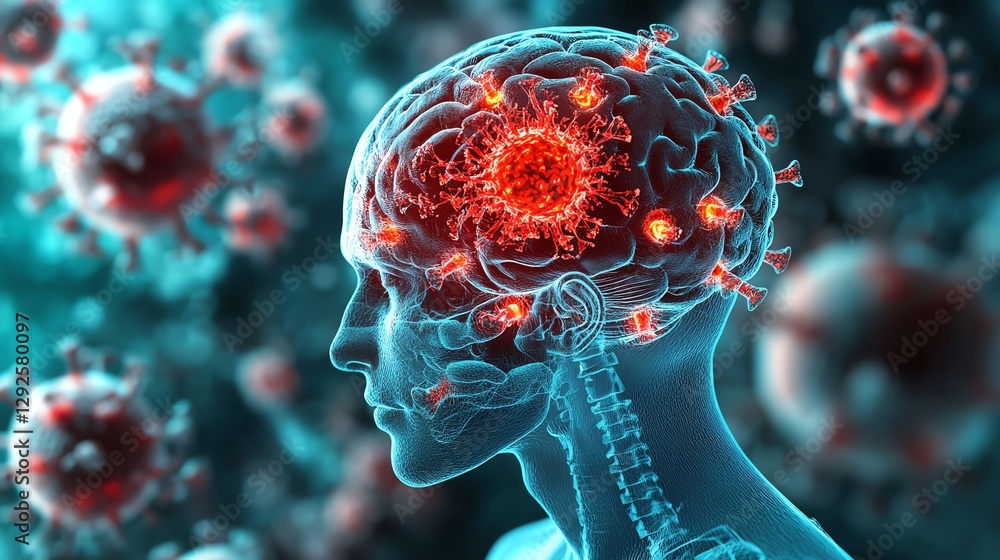 Detailed 3D depiction of meningitis inflammation in the brain and ...