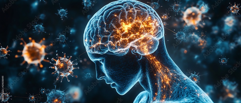 3D illustration depicting the inflammation caused by meningitis on the ...