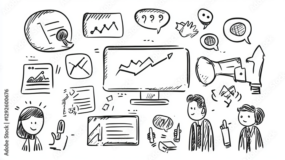 Set of doodle icons business meeting, conference, teamwork discussion ...