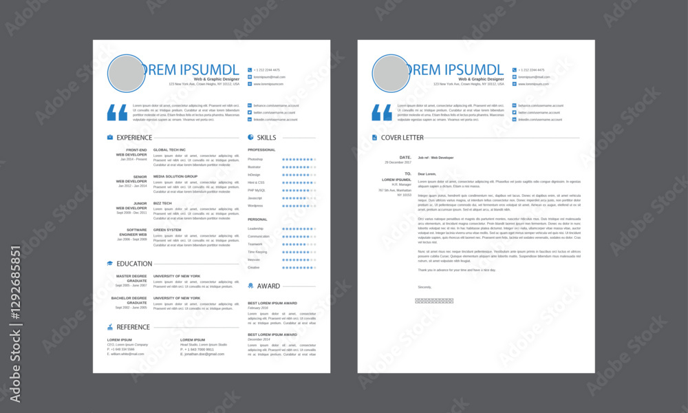 Resume CV Template. Modern Resume and Cover Letter Layout design ...