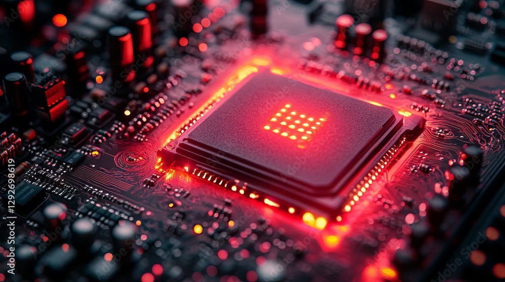 Secure cybersecurity concept featuring computer motherboard closeup with safety lock, login ...