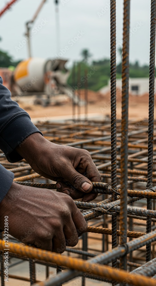 Worker Tying Rebar for Concrete Foundation at Construction Site Job ...