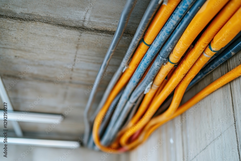 Wires and pipes on a concrete ceiling with plastic hoses in a vacant ...