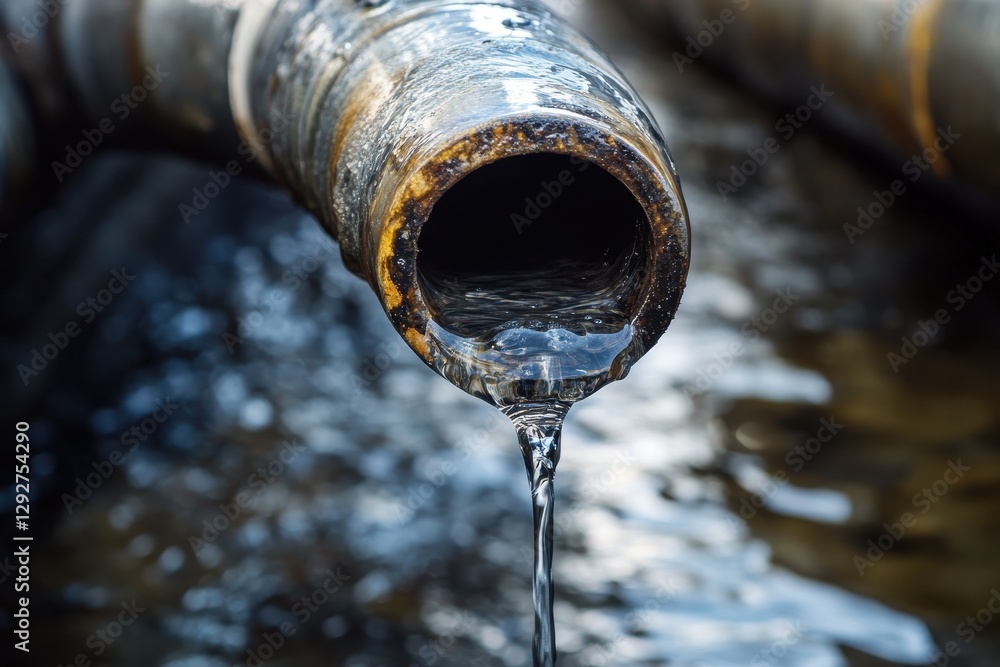 Zoomed in photo highlighting a water droplet at a large pipe joint ...