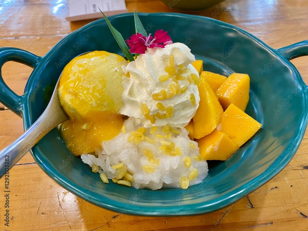 Mango sticky rice with ice cream mango flavor topping by coconut milk ...