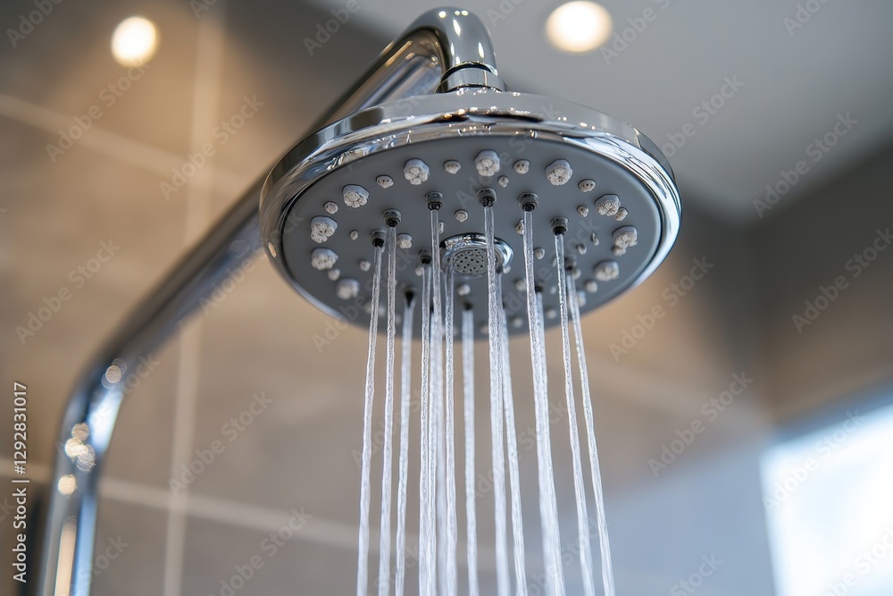 A round showerhead with numerous small nozzles is mounted on a vertical ...