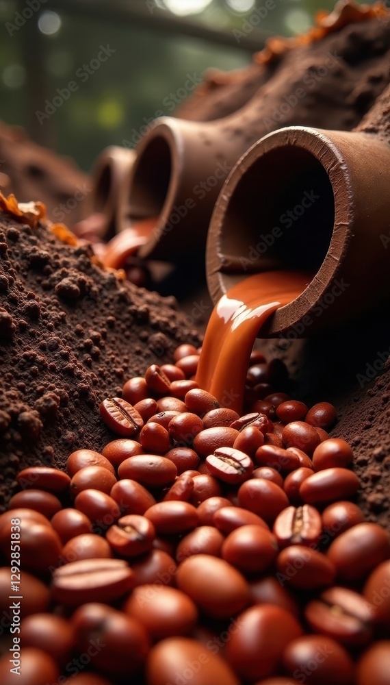 Cocoa beans flowing through chutes in chocolate plant, supply chain ...
