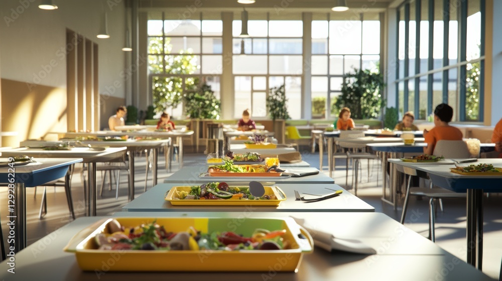 School cafeteria with students eating healthy meals together. Featuring ...