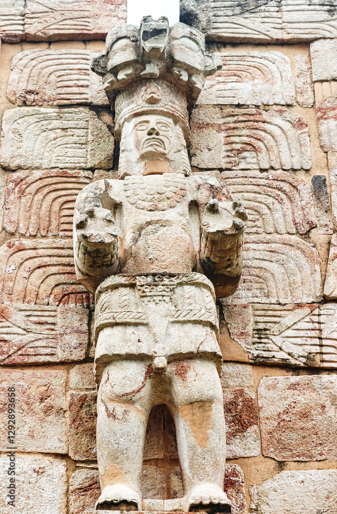 Close up of the Toltec Warrior Lord Statue with quetzal feathers and ...