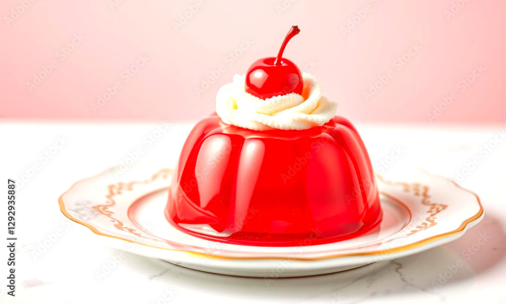 Close-up of layered red and white jelly pudding with whipped cream and ...