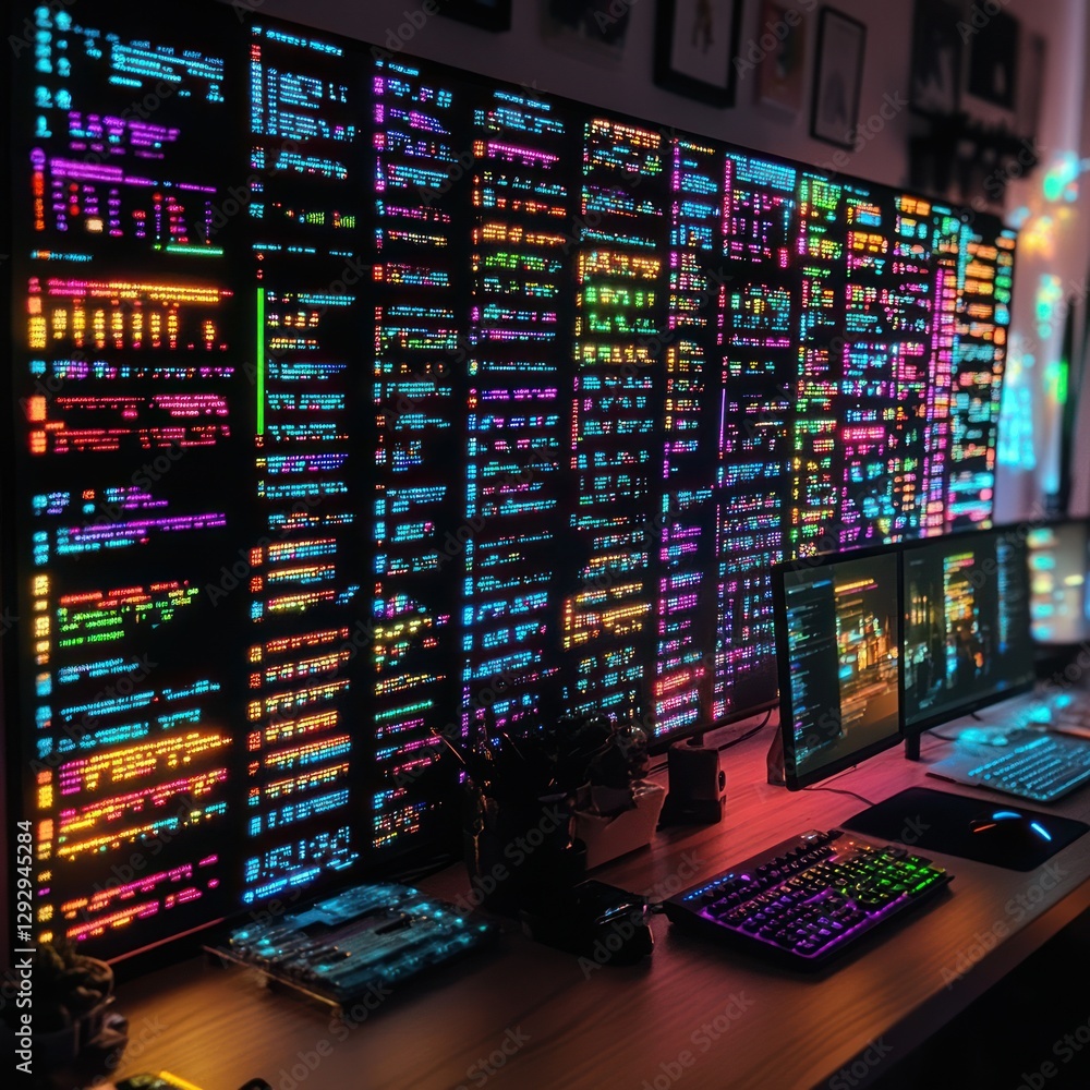 Programmer coding at night, multi-monitor setup, room background, software development Stock ...