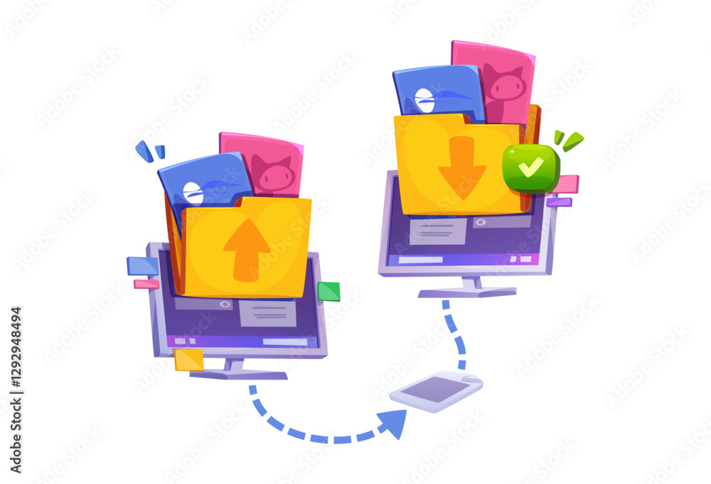 Device synchronization showing data transfer between computers. Cartoon yellow folders with ...