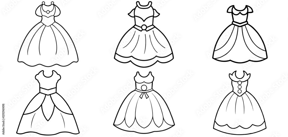 Princess dress Outline Coloring Page Printable Line Art Drawing Stock ...