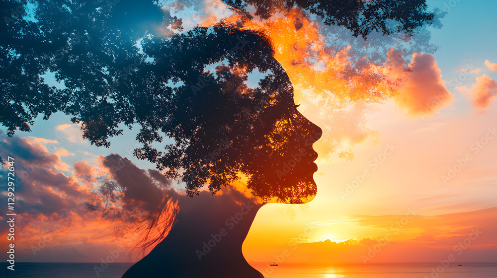 exposure background blending a sunset landscape with a human portrait ...