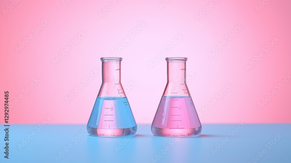Two beakers on a laboratory table, one with a clear acid solution and the other with a bright ...