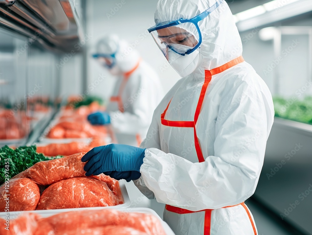 Food processing action industrial facility image of worker sorting meat ...