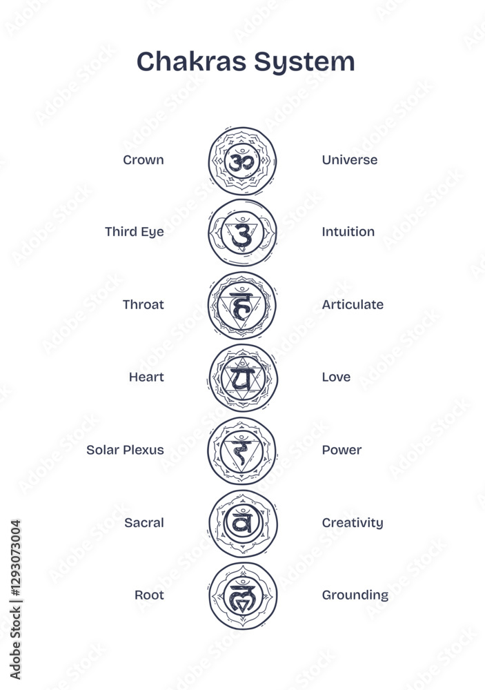 Chakras system diagram showing seven chakras with symbols and meanings ...