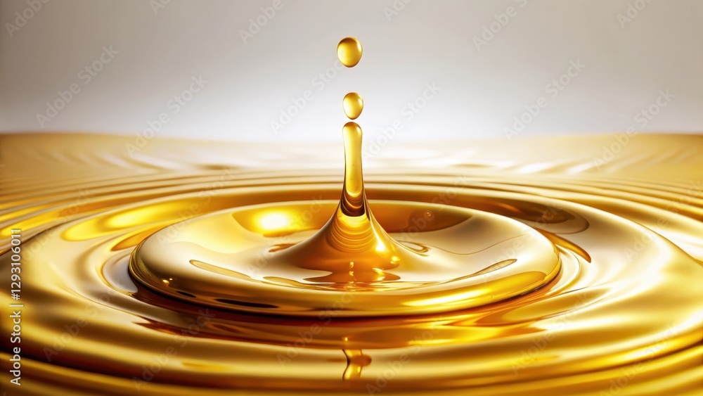 Warm golden liquid dripping slowly on a clean white background, forming ...