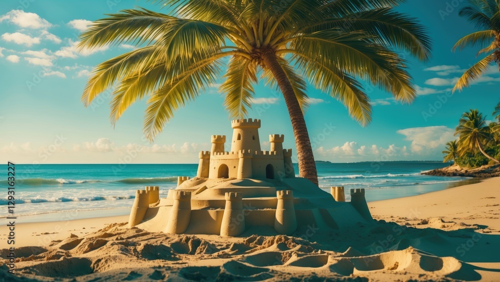 Sand castle on a tropical beach with palm trees and clear blue skies ...