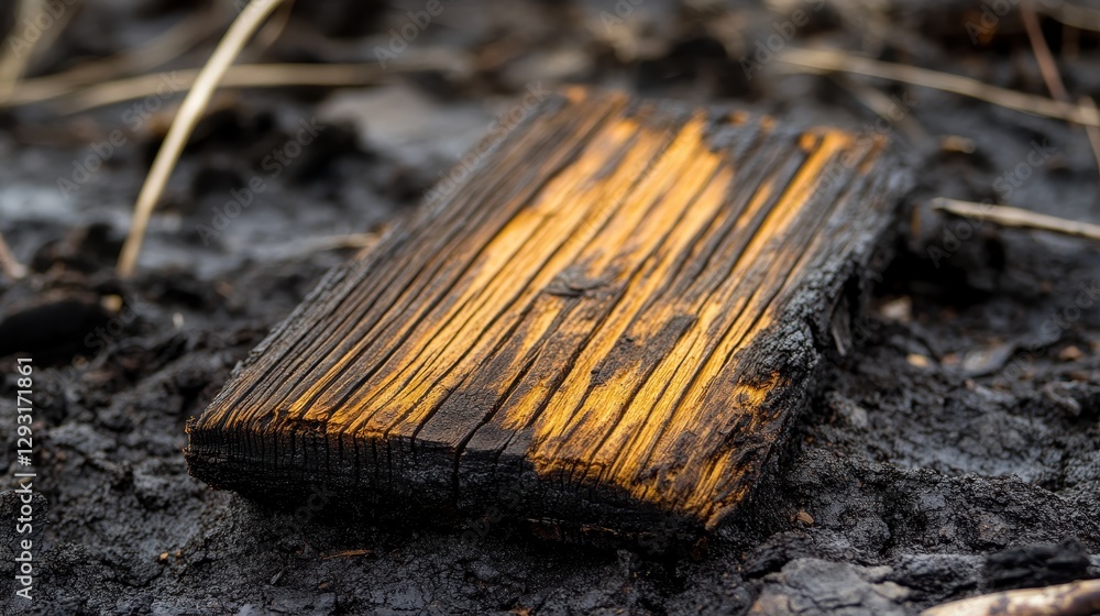 Charred Wooden Plank Laying on Ashen Ground After a Wildfire Stock ...