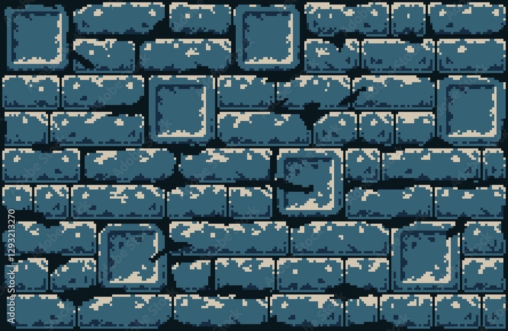 Pixel Art 2D Brick Blue Wall Texture with shadowing and ruined dark blue. Blue stone concrete ...