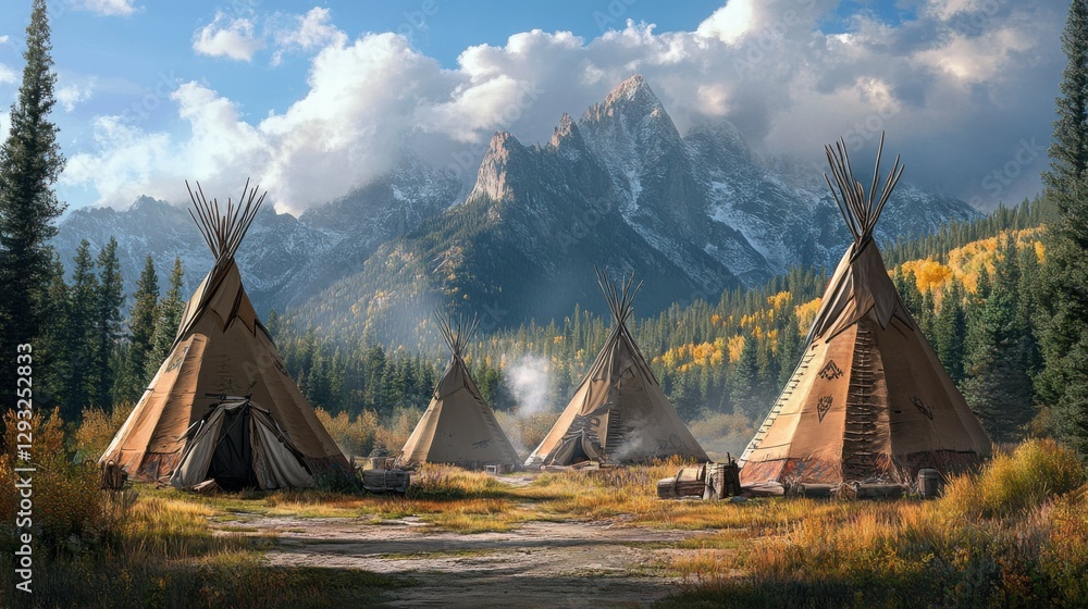 Foto Native American Teepee. Tipi in Old West Landscape. Amerindian ...